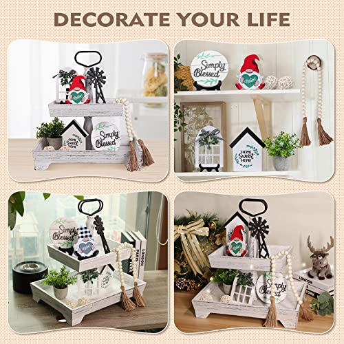 Eufrozy 11pcs Farmhouse Tiered Tray Decor Set, Rustic Tier Tray Decorations with Black and White Buffalo Plaid Gnome Ornaments Wooden Home Sweet Home Sign for Kitchen Table Decor Summer Housewarming