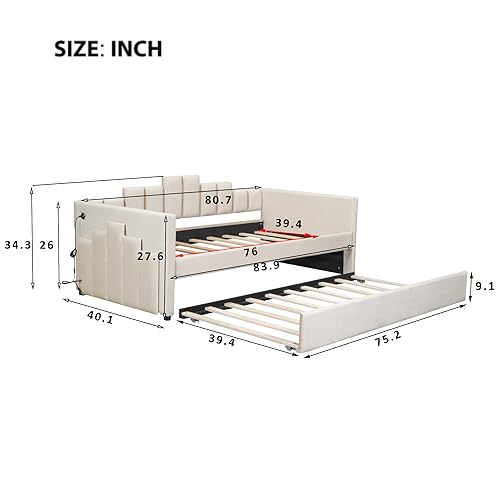 DEYOBED Twin Size Upholstered Daybed with Trundle, Light and 2 USB Ports, Twin Day Bed Sofa Bed Frame for Bedroom Living Room Guestroom, No Box Spring Needed, Beige