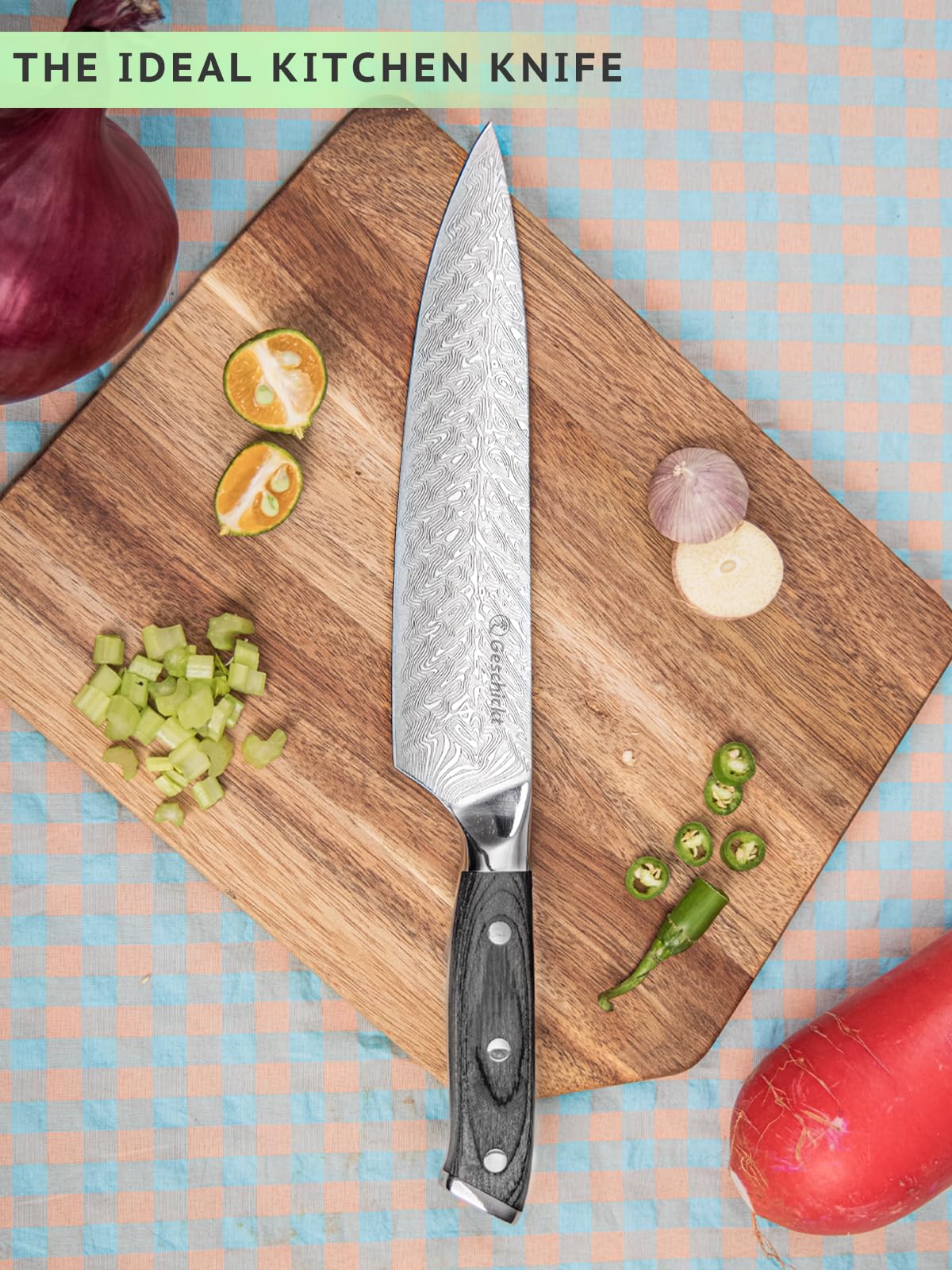 Geschickt Chef knife, Kitchen Knife 8'' with Improved Thicker Handle for Comfort & Balance, Razor Sharp Forged Full Tang Knife, High Carbon Stainless Steel, Ergonomic Design, Grey