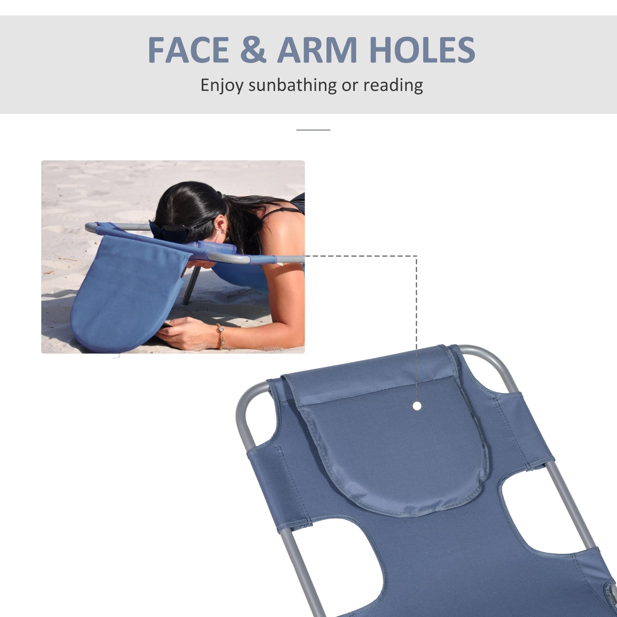 Outsunny Folding Beach Lounge Chair with Face Hole and Arm Slots, 5-Level Adjustable Sun Lounger Tanning Chair with Pillow for Patio, Garden, Beach, Pool, Gray