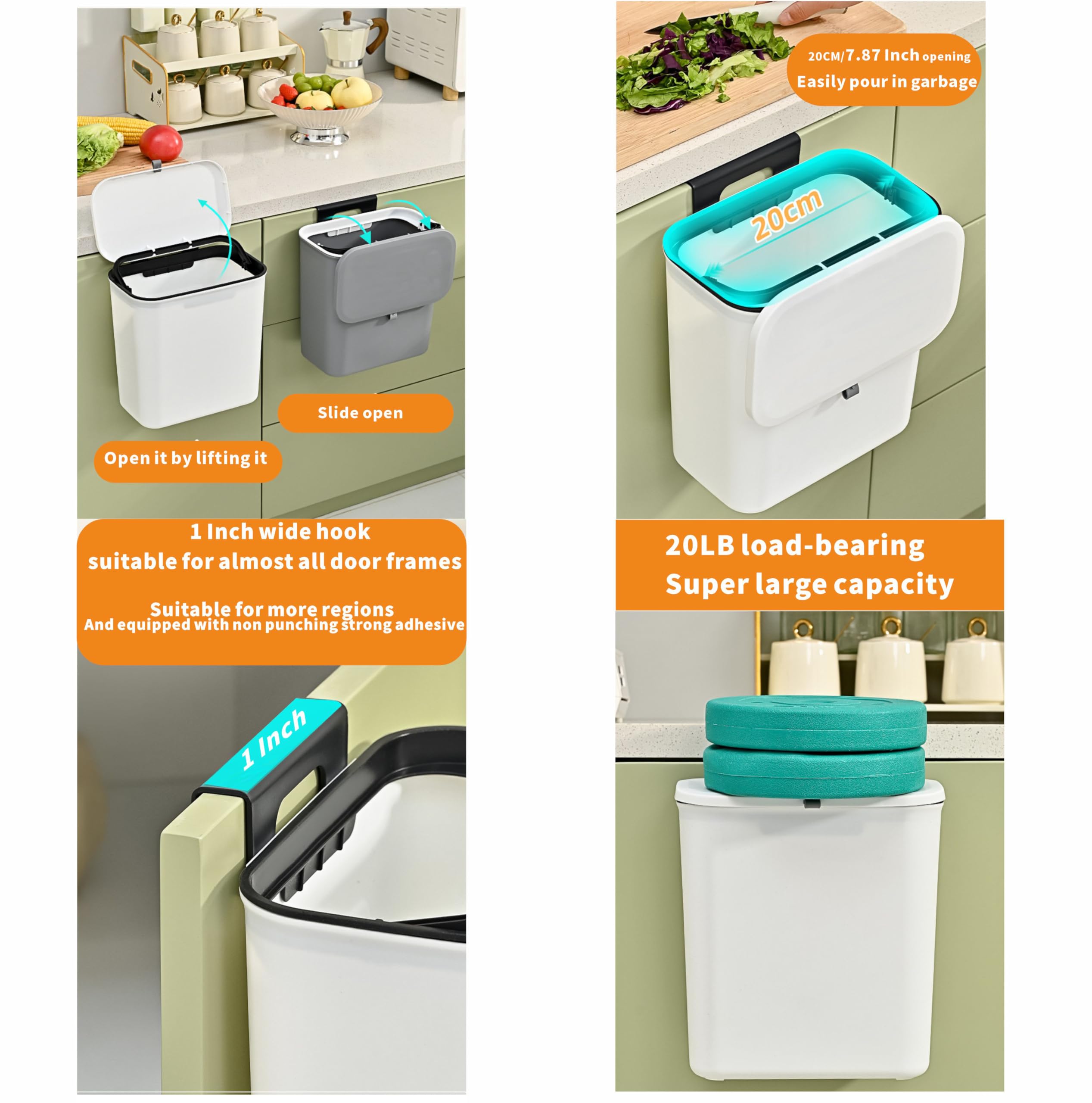 Cq acrylic 2.4 Gallon Kitchen Compost Bin for Counter Top or Under Sink,Hanging Kitchen Trash Can,Plastic Wall Mounted Garbage Can,Small Kitchen Waste Basket,Food Waste Bin for Countertop,Grey