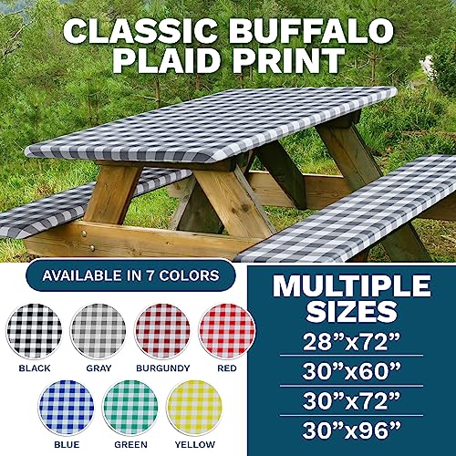 Sorfey Picnic Table Cover with Bench Covers -Fitted with Elastic, Vinyl with Flannel Back, Fits for Table 28"x 72" Rectangle,Water Proof, Easy to Clean, Checked Blue Design