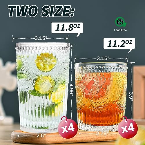 Vintage Drinking Glasses, Romantic Drinking Glasses Set of 8, 4 Highball Glasses 13 oz and 4 Rocks Glasses 9 oz, Textured Striped Drinking Glasses, Vintage Glassware Set for Juice, Beverages, Cocktail