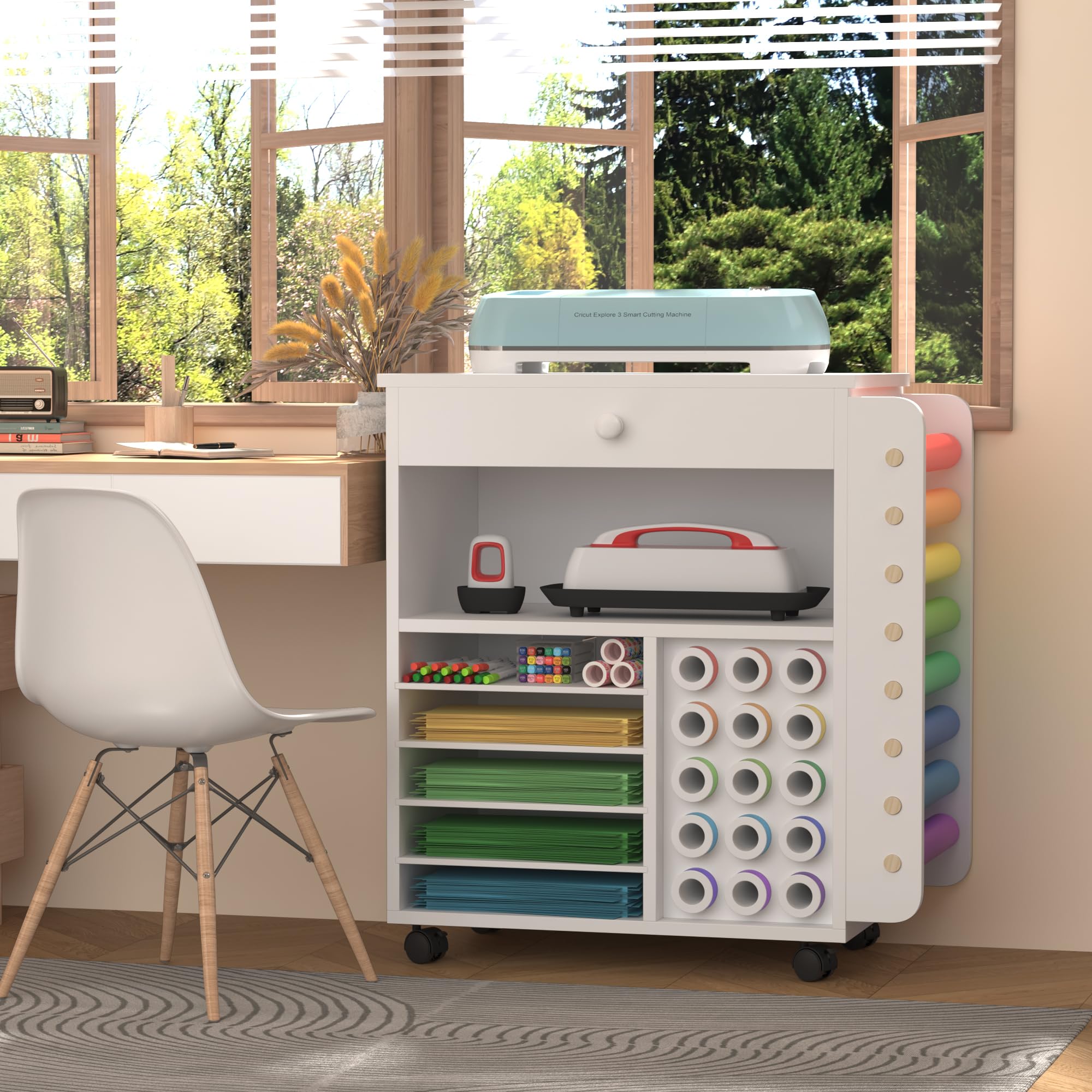 Craft Organization and Storage Cart Compatible with Cricut Machines, Featuring Vinyl Roll Holder and Drawers, Rolling Craft Storage Cabinet and Workstation for Craft Room and Home