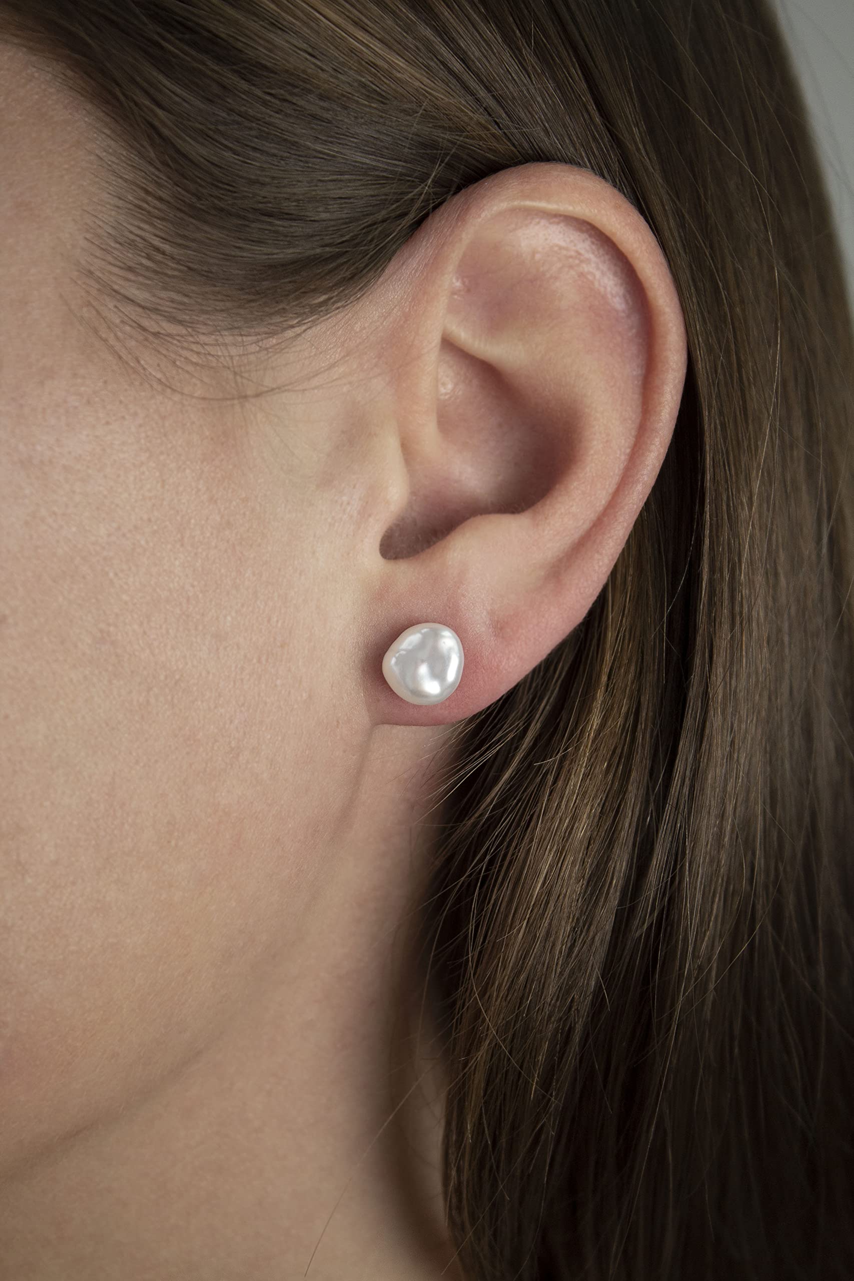 BLUE OCEAN PEARLS .925 Sterling Silver Freshwater White Keshi Cultured Pearl Earrings for Women, 8-9mm Baroque Pearls High Luster Stud Jewelry Earrings