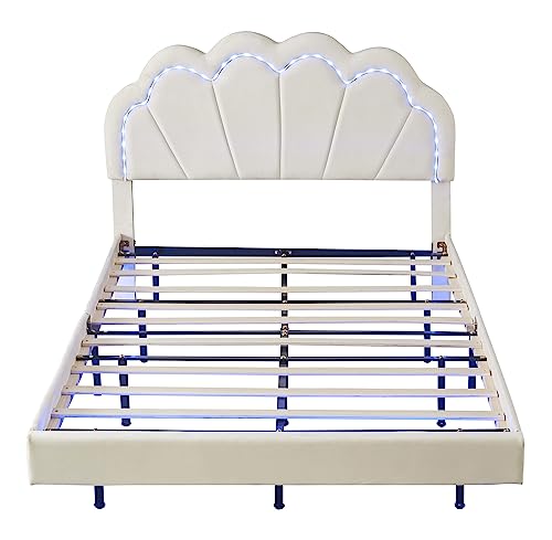 DNYN Upholstered Full Size Platform Bed for Kids, Adults Bedroom,Velvet Fabric Bedframe with Elegant Flower Headboard & LED Design & Wood Slat Support,No Box Spring Needed, Beige