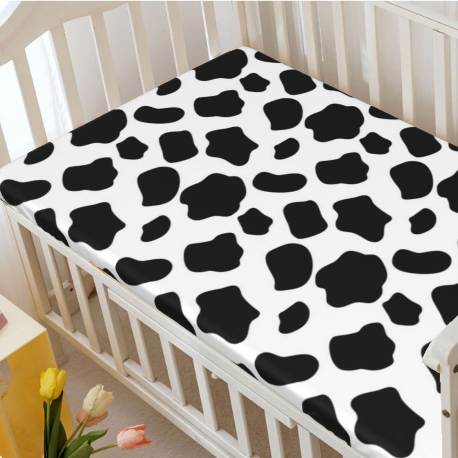 Cow Print Themed Fitted Mini Crib Sheets,Portable Mini Crib Sheets Soft & Stretchy Polyester Fitted Crib Sheet -Crib Mattress Sheet or Toddler Bed Sheet,24β x38β,White Black