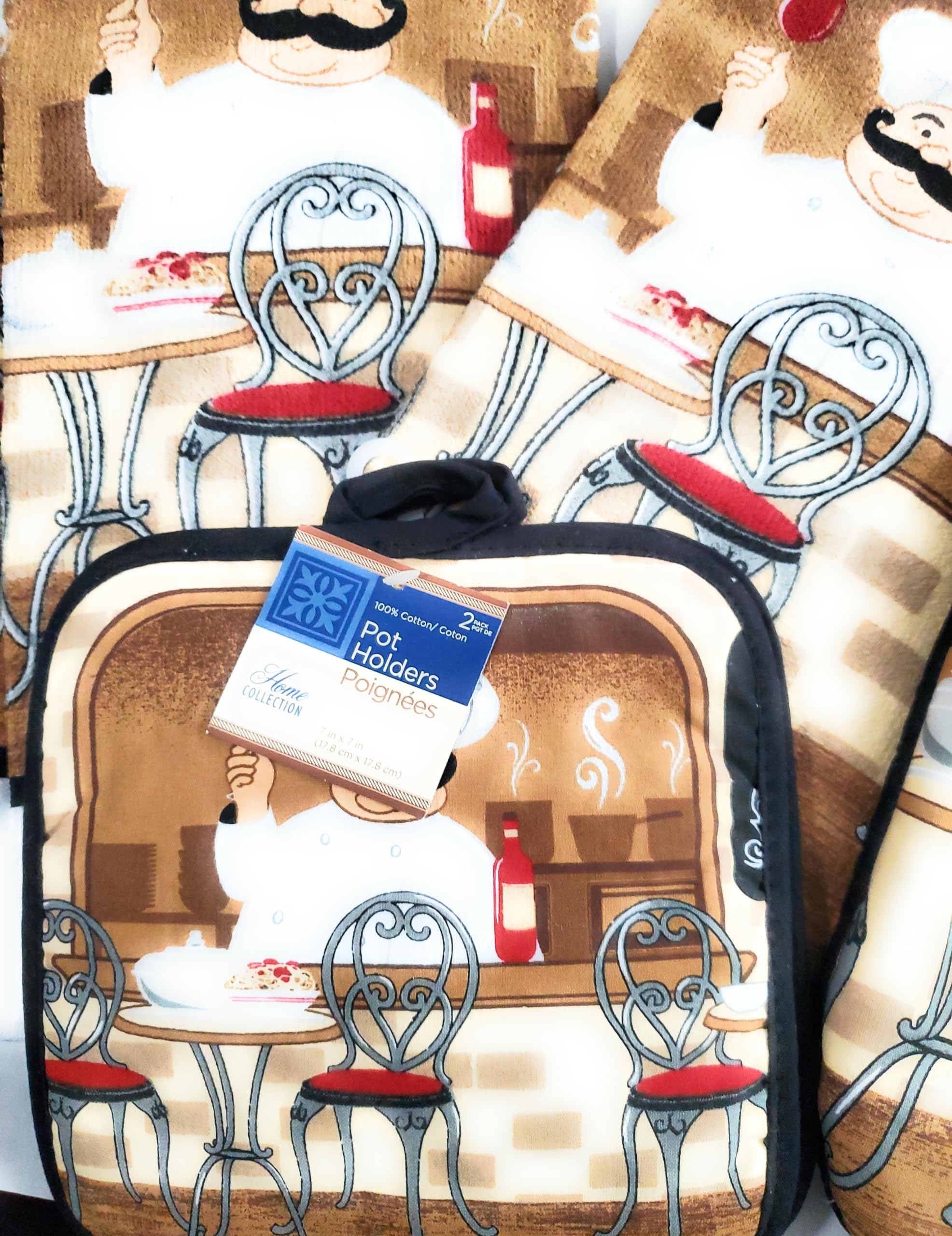Collection Italian Chef Decor 5 Piece Printed Kitchen Linen Set Includes 2 Towels 2 Pot Holders 1 Oven Mitt