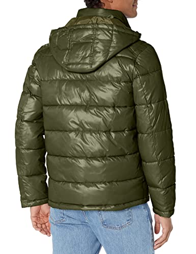 GUESS Men's Mid-Weight Puffer Jacket with Removable Hood, Army Green, Large