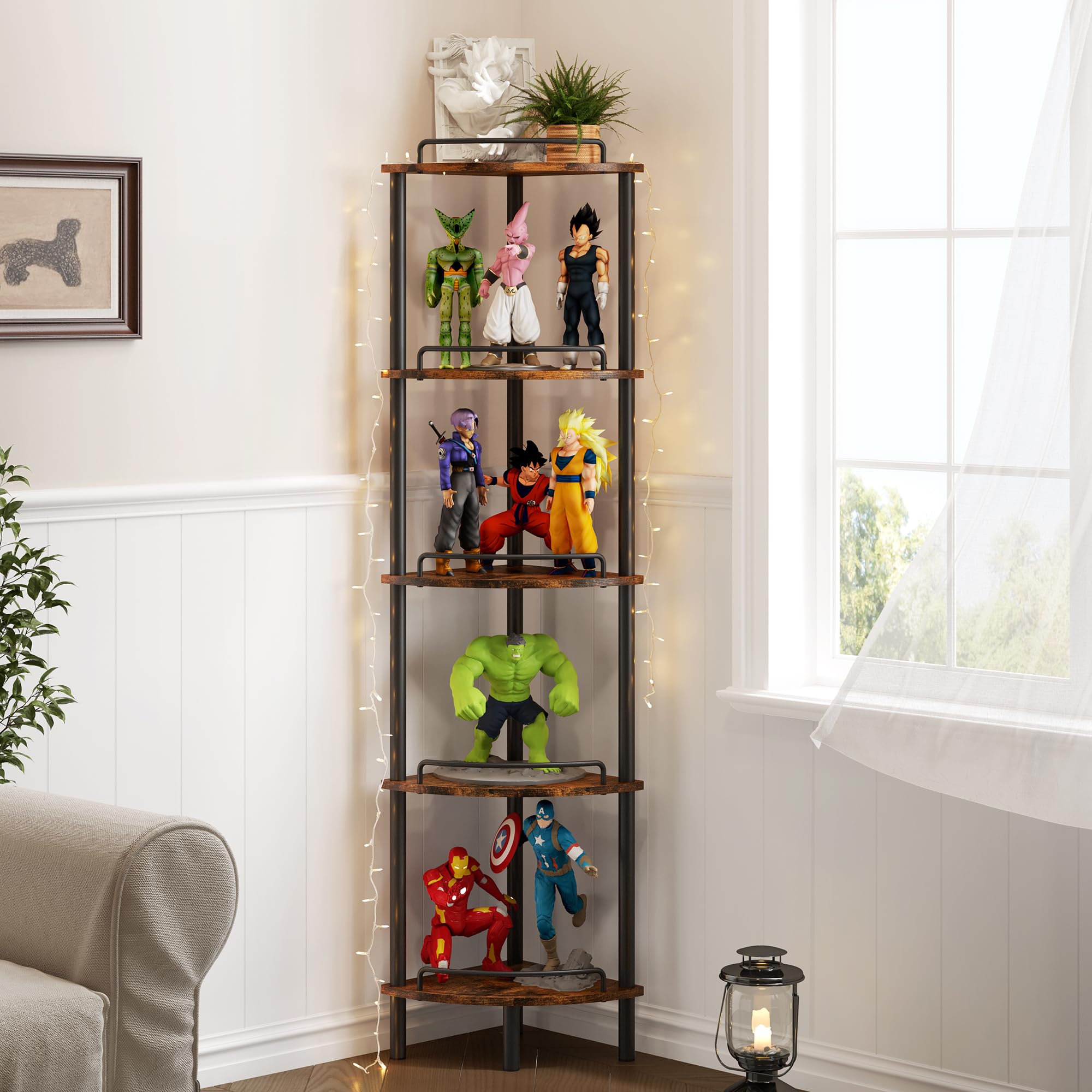 Gewudraw Corner Shelf Stand, 5 Tier Corner Bookshelf with Guardrail, Tall Corner Bathroom Shelves Black Corner Shelving Unit for Bedroom, Bathroom, Small Space-Black