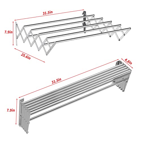 GUEVARA Wall Mounted Clothes Drying Rack,Stainless Steel Accordion Retractable Drying Rack for Laundry Room/Bathroom Tower,Easy to Install 31-inch Rod, 120 lbs Large Capacity- Indoor and Outdoor Use