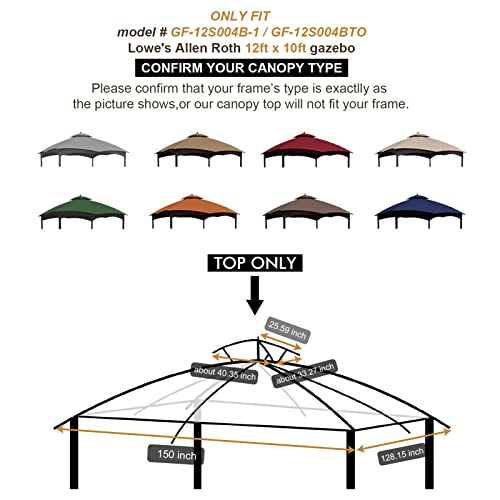 Eurmax USA High Performance Replacement Canopy Top for Lowe's Allen Roth Heavy Duty Gazebo Roof Gazebo Top with Air Vent 10X12 Gazebo Cover #GF-12S004B-1, Replacement Top Only(Brown)