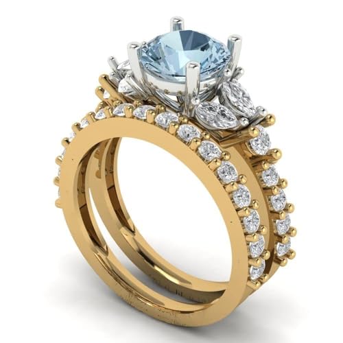 Clara Pucci 2.66 carat Round Cut 3 stone Natural Swiss Blue Topaz Engagement Wedding Anniversary Bridal Ring band set 14k Multi Gold 4.5