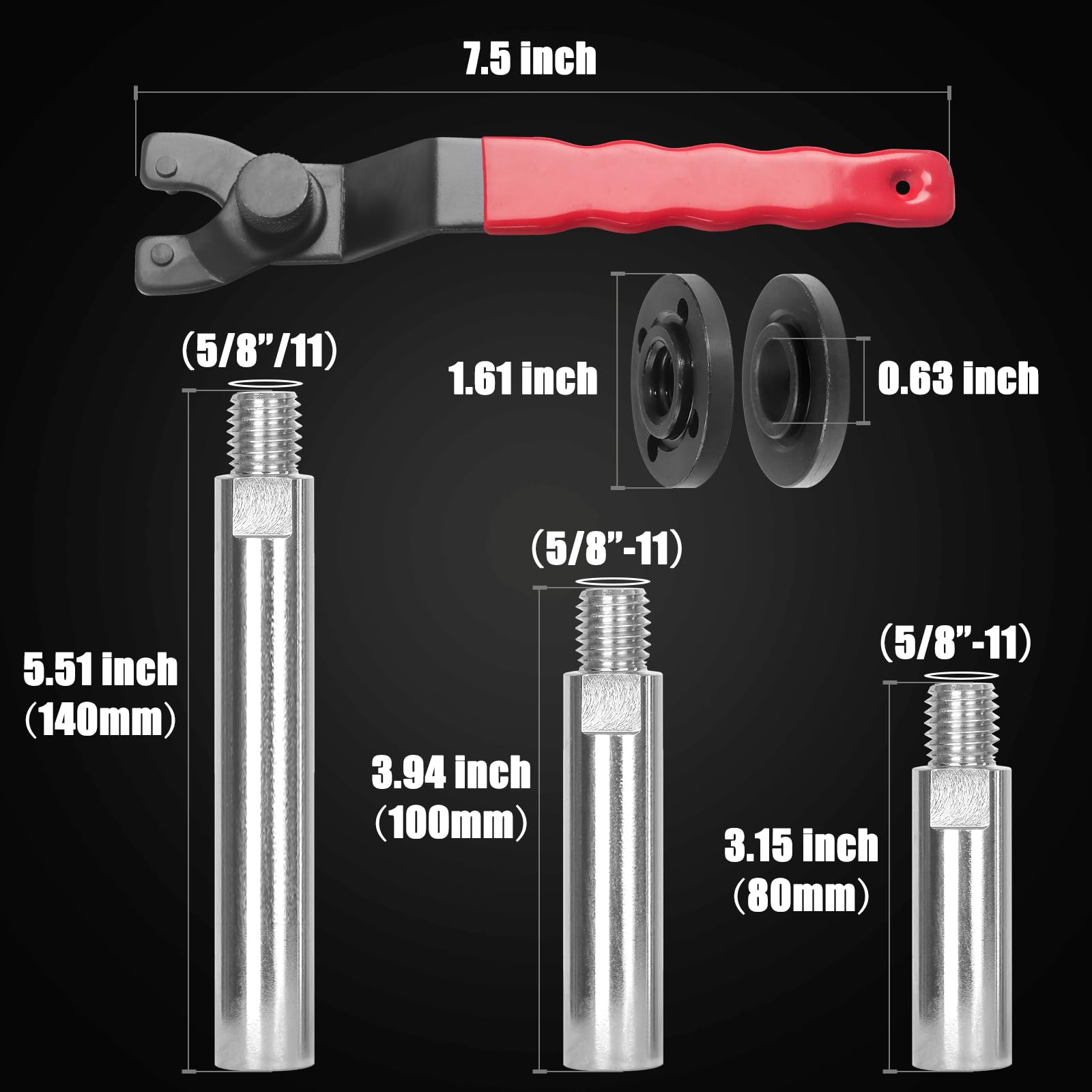 Pomsare Angle Grinder Extension Shaft Connecting Rod, 12PCS Angle Grinder Attachments with 5/8-11 Thread, Universal Adjustable Grinder Spanner Wrench, 4 Sets of Flange Lock Nut for Grinder Tool