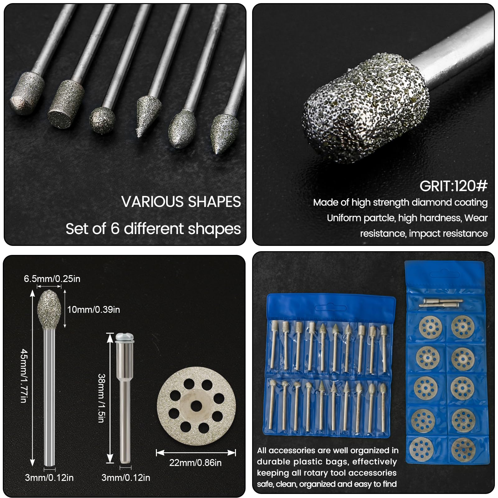 Diamond Burr Set for Dremel, Rotary Tool Grinding Cutting Wheel Stone Glass Tile Jewelry Engraving Rock Etching Masonry 1/8” Die Grinder Carving Cutter Metal Engraver Kit - 32pc Set