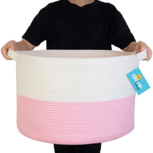 OrganiHaus XXX Large Cotton Rope Basket for Blankets Living Room | Blanket Basket & Storage Baskets for Organizing | Laundry Baskets for Storage Toy Basket for Baby | Large Woven Basket - Pink/White
