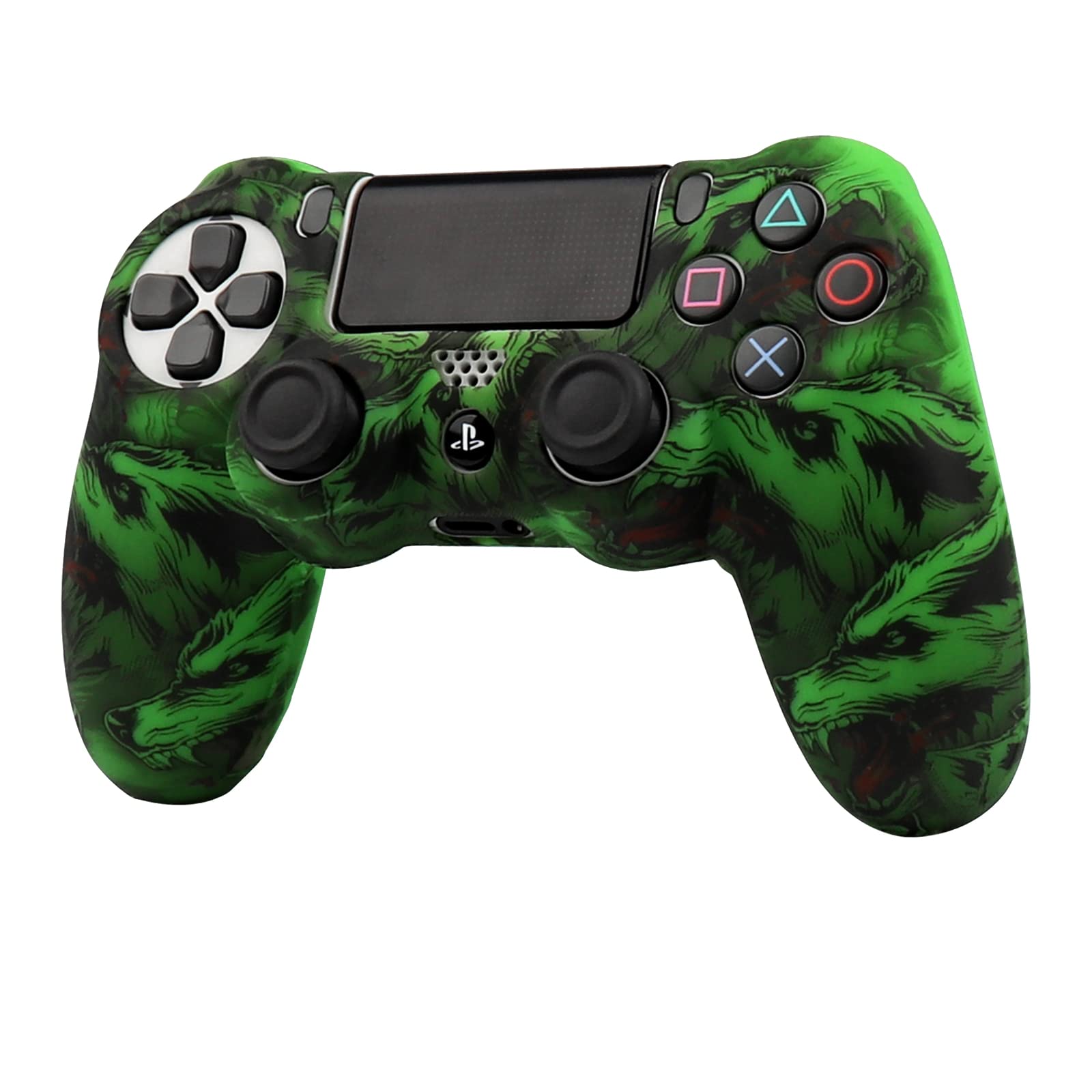 Controller Silicone Cover Laser Wolf Skin Protective Case for PS4/slim/PS4 Pro Dualshock 4 Controller.(Black Pro Thumb Grip x 8,Cat + Skull Cap Cover Grip x 2).