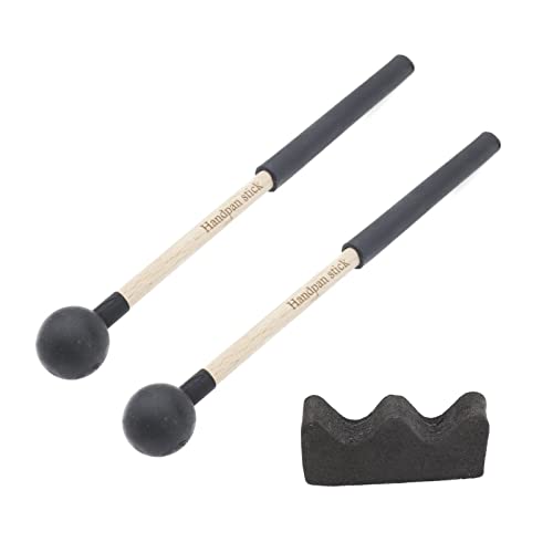 Cheerock 1 Pair Wood Tongue Mallets with Bracket, Black Handpan Sticks, Rubber Handle Steel Tongue Mallet, Percussion Instruments Accessory
