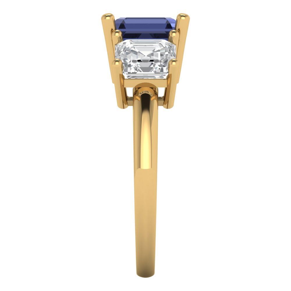 Clara Pucci 3.35 Square Emerald Baguette Cut Engraving 3 stone Faux Blue Sapphire Designer Solitaire Statement Ring 18K Yellow Gold 10.5