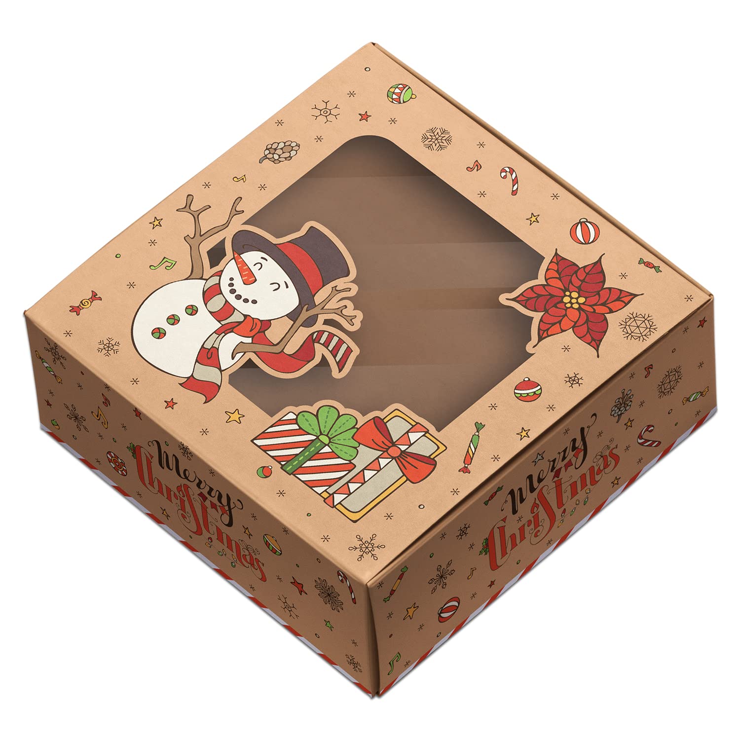 Christmas Cookie Boxes With Window and Lid, Bakery Christmas Treat Boxes, Candy and Cookie Boxes for Gift Giving - Food Packaging Containers (Santa, Christmas Tree, Gingerbread Man & Snowman)