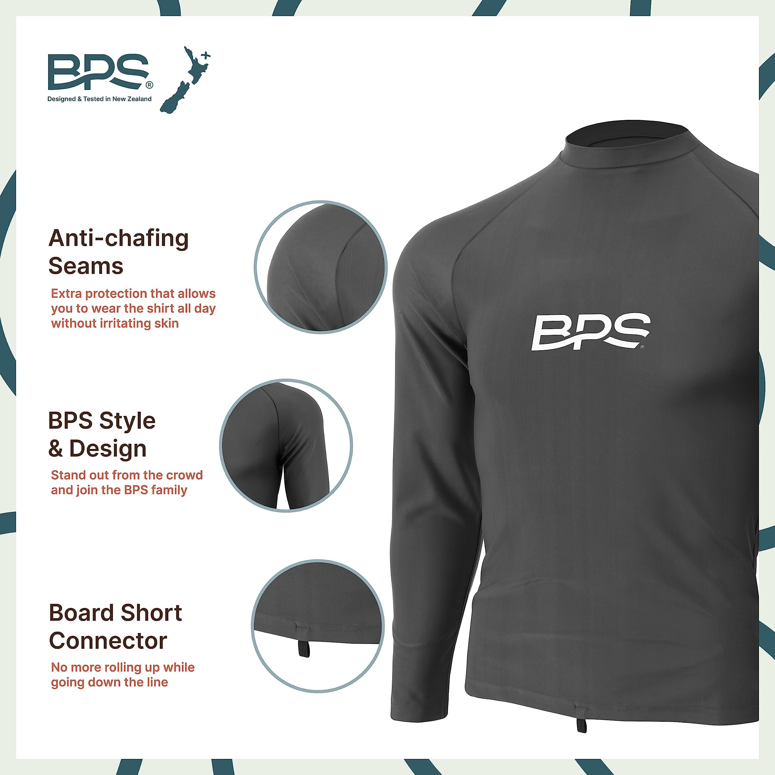 BPS Men's Long Sleeve Swim Shirt/Rash Guard with Sun Protection (Charcoal, M)