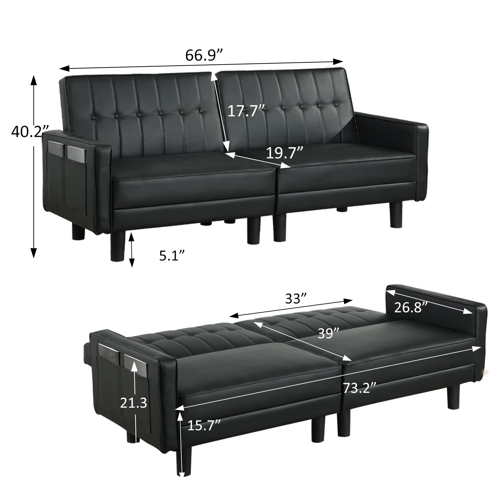 OQQOEE Futon Sofa Bed, Convertible Loveseat Couch with Adjustable Backrest, Faux Leather Upholstered Sleeper Sofa for Living Room & Apartment, Side Pockets, Black (Black, Loveseat)