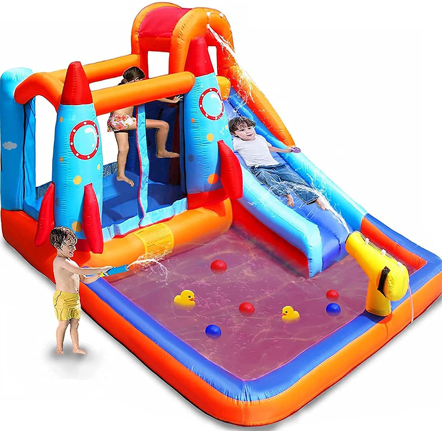 MEIOUKA Kids Inflatable Bounce House with Blower Water Slides Pool Splash Water Gun Jumping Bouncing Rocket Kid Inflatable Water Slide Bounce Houses Castle for Kids Toddlers Outdoor Jump Bouncy Houses