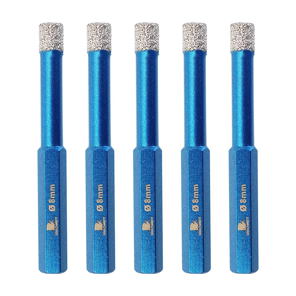 Dry Diamond Drill Bit Set,BRSCHNITT 5pcs 5/16 Inch (8mm) Diamond Hole Saw Core Drill Bit for Porcelain Tile Ceramic Stone Granite Marble,Hex Shank Dry Drilling Diamond Core Drill Bit Kit