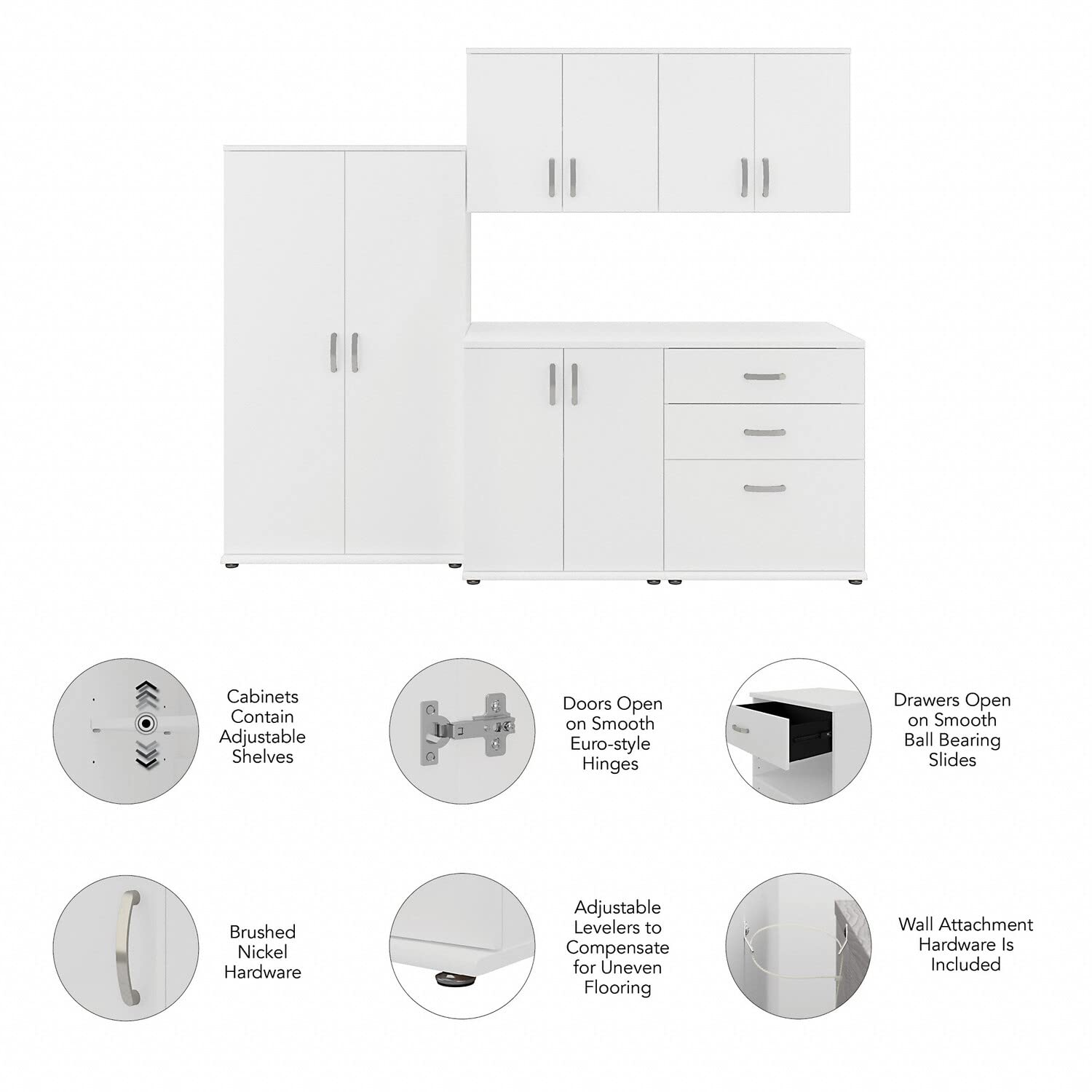 Bush Business Furniture Universal 5 Piece Modular Garage Storage Set with Floor and Wall Cabinets, White