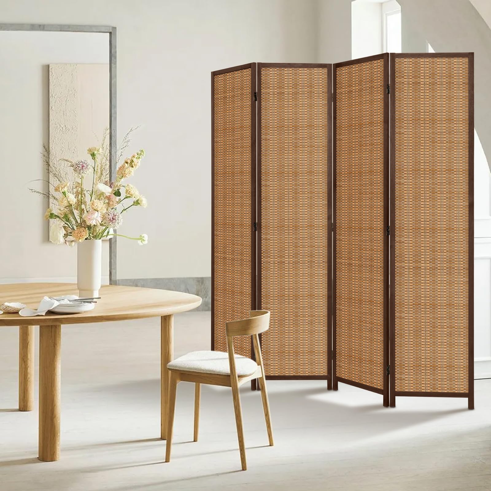 HALLYBEE Room Divider, Room Dividers and Folding Privacy Screens Privacy Screen, Divider for Room Separation Partition Room Dividers, 16" Screen 5.6FT Bamboo Wall 4 Panel, Brown with Brown Frame