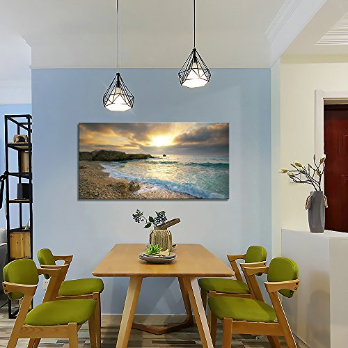 Canvas Wall Art Sunset Beach Blue Waves Ocean Art Large Modern Artwork Canvas Prints Contemporary Pictures Framed Ready to Hang for Home Decoration