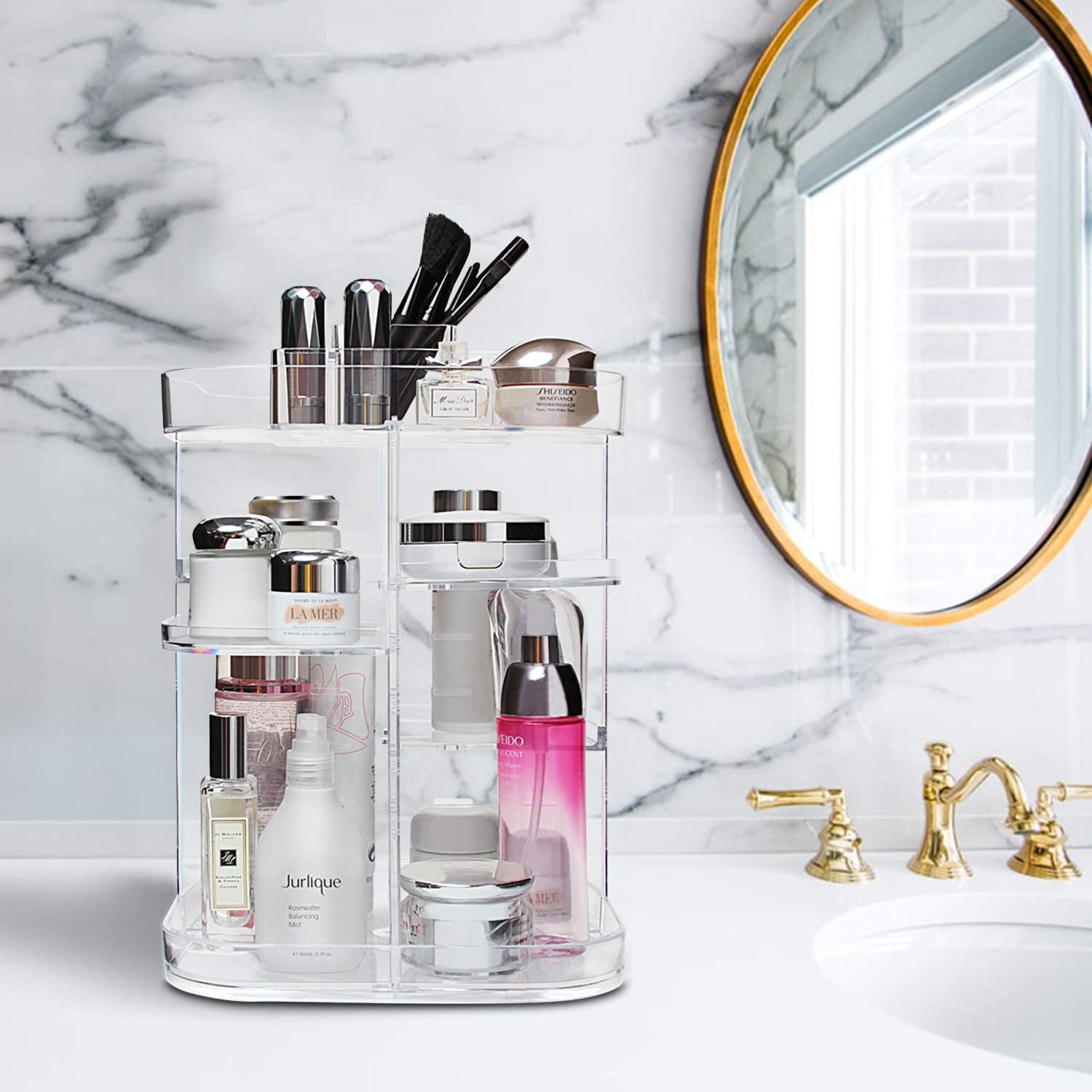 Boxalls Makeup Organizer 360 Degree Rotating Storage, Multi-Function Clear Carousel Cosmetic Organizer with 5 Layers Large Capacity, Great for Countertop Vanity Bathroom Bedroom, Square Shape