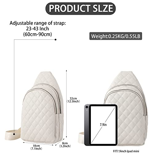 EMBRUNIOICE PU Leather Sling Bag for Women Quilted Crossbody Sling Backpack for Cycling Hiking Travel(Cream)