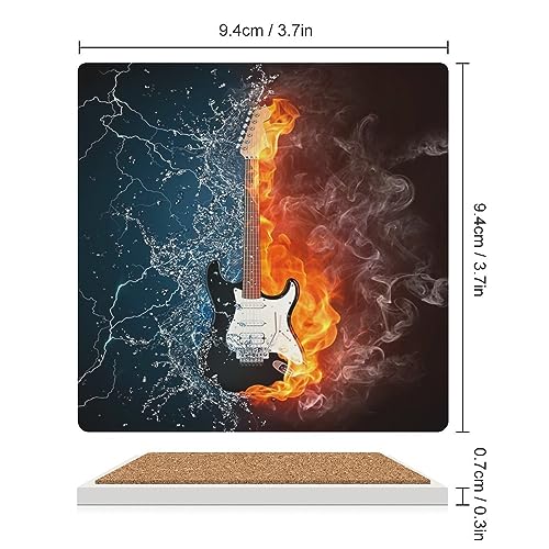Electric Guitar in Fire and Water Square Ceramic Coasters for Drink Absorbent Coffee Cup Cork Holders Table Modern Decorative