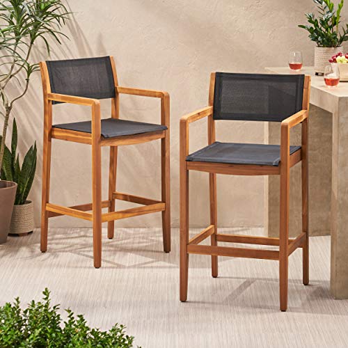 Christopher Knight Home Calista Acacia Wood Barstools with Outdoor Mesh (Set of 2), Teak and Black
