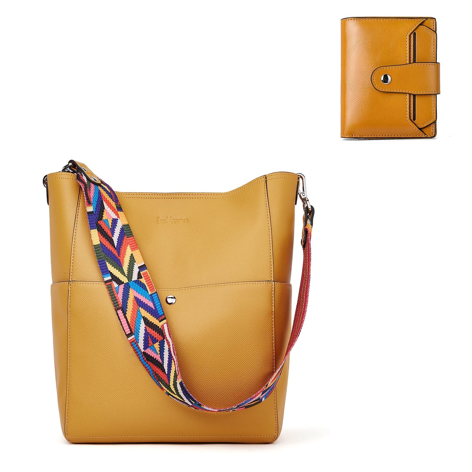 BROMEN Women Handbag Designer Hobo Shoulder Bucket Purse Yellow and Small Wallets for Women RFID Wallet Bifold Card Case Yellow Bundle