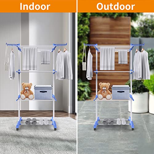 Mbillion Clothes Drying Rack Wall Mounted Space Saver Clothes Hanger Rack with Towel Bar Heavy Duty Suction Cups for Balcony Laundry Bathroom Patio and Bedroom (Blue)