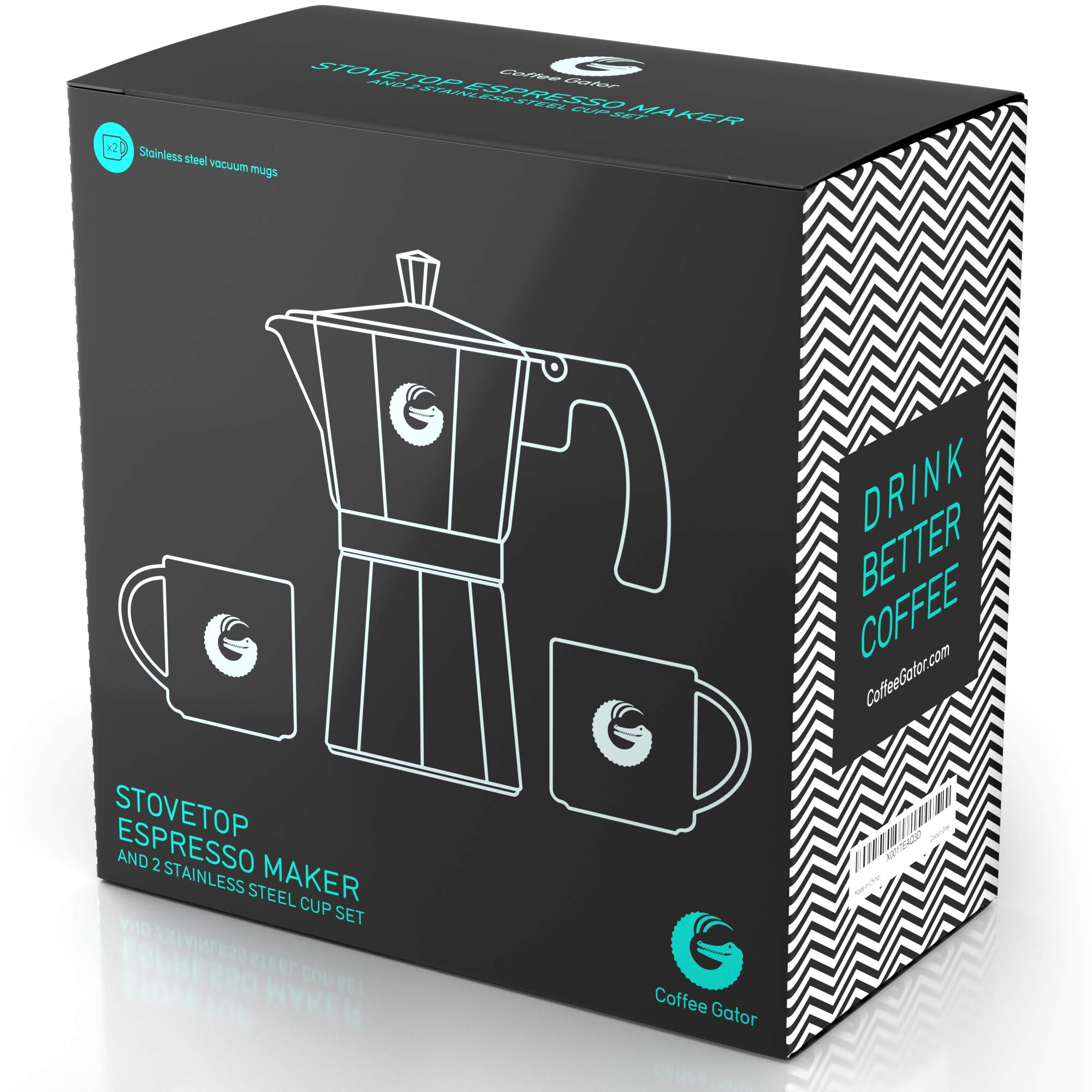 Coffee Gator Moka Pot - 6 Cup, Stovetop Espresso Maker - Classic Italian and Cuban Coffee Percolator w/ 2 Stainless-Steel Cups β Matte Grey Aluminum