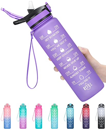MEITAGIE 32oz Leakproof Motivational Sports Water Bottle with Straw & Time Marker, Flip Top Durable BPA Free Tritan Non-Toxic Frosted Bottle Perfect for Office, School, Gym and Workout