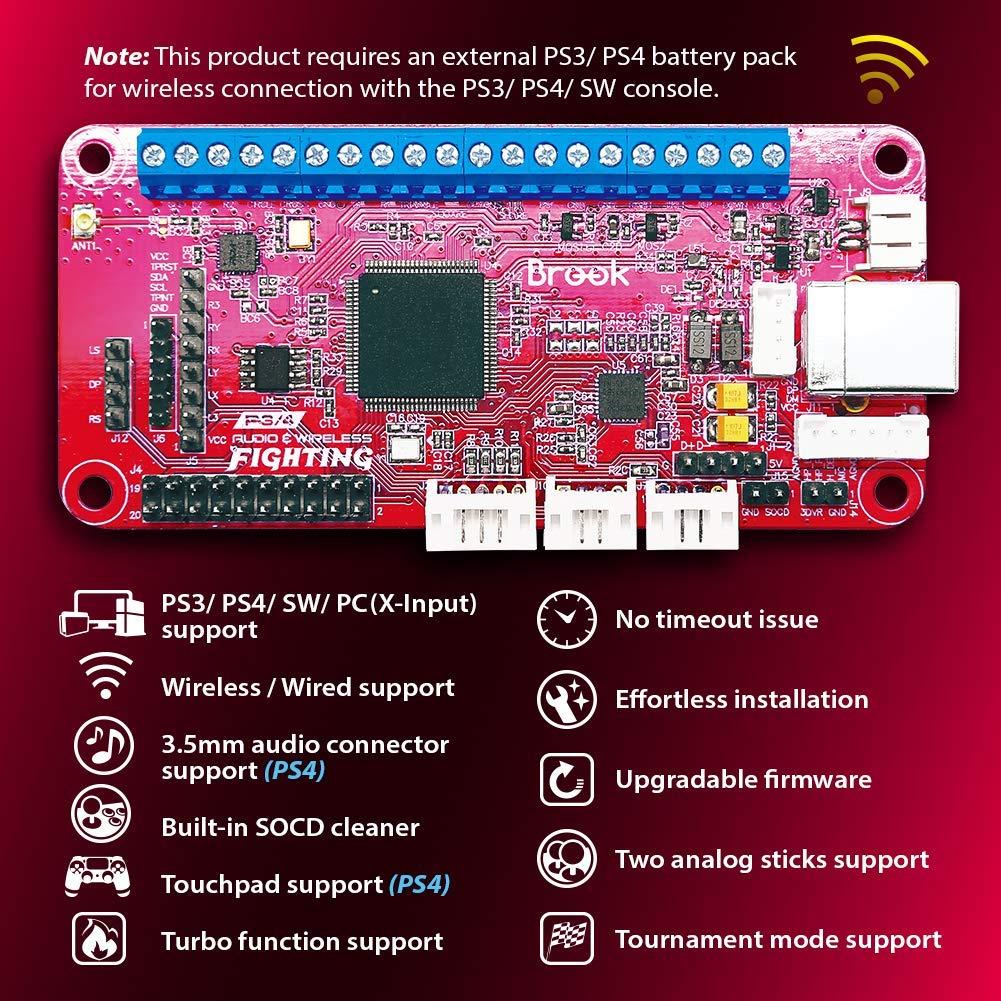 Brook Wireless Fighting Board - Pre-installed Header Version, For PS4/PS3/Switch/PC Consoles, Support 3D-VR, 3.5mm audio connector(PS4), Two analog sticks, Tournament mode, Touchpad and Turbo Function