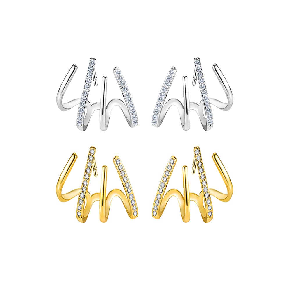 Claw Earring Cuff Zircon Needle Quartet Earrings for Women Cool CZ Stud Huggie illusion Earrings Minimalist Luxury Trendy Ear Wrap Cuffs Piercing Hoop Ear Jewelry for Prom (Crystal)