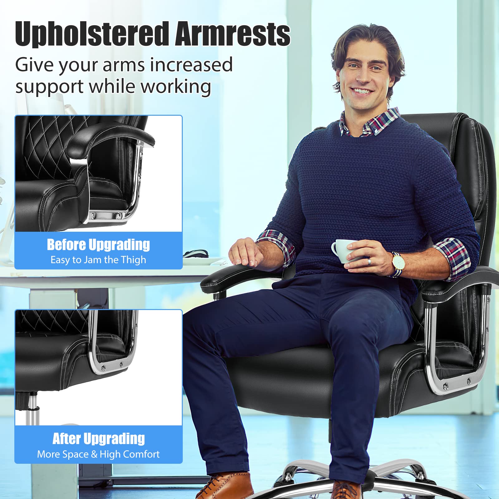 Giantex 500LBS Big and Tall Office Chair, Wide Seat Large Leather Executive Chair w/Heavy Duty Metal Base, Height Adjustable Swivel Computer Task Desk Chair, Padded Armrest, Rocking Backrest (Black)