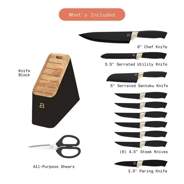 Generic 12 beautiful Piece Knife Block Set with Soft-Grip Ergonomic Handles Black and Gold by Drew Barrymore, BL-5306062