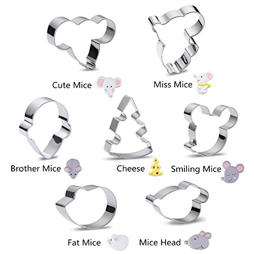 Cute Mouse Shaped Cookie Cutters Set of 7 pcs, Stainless Steel Mice Head Rat Cheese Series Fondant Cut-outs Set Baking DIY Molds