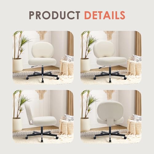 Criss Cross Chair with Wheels-Armless Cross Legged Desk Chair with Adjustable Height, Ergonomic Swivel Vanity Chair Mid Back Computer Home Office Task Chair for Small Space/Bedroom/Study-Beige