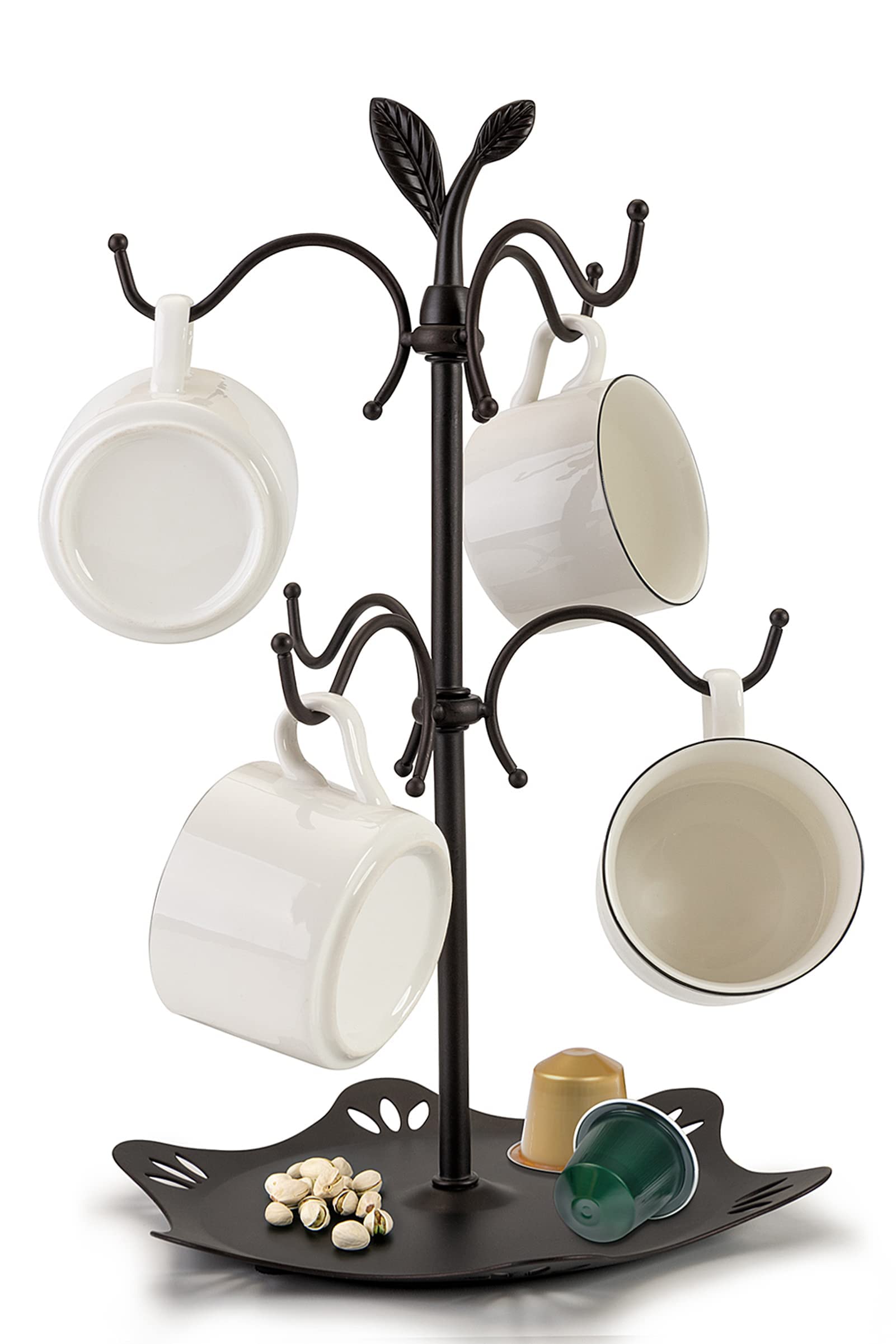 Coffee Mug Holder for Large Mugs, Mug Tree for Counter, Coffee Cup Holder for Countertop, Mug Rack with Tray, Metal Coffee Mug Tree with 6 Hooks, Coffee Counter Bar Accessory & Kitchen Home Organizer