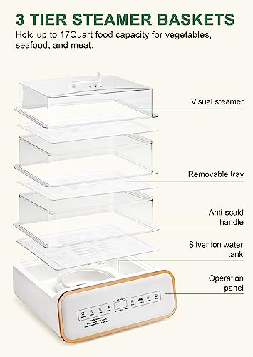 SUSTEAS Food Steamer for Cooking - 17QT Vegetable Steamer with 24H Booking & 60Min Timer, Electric Steamer with Digital Display and 3 Tier Stackable Trays, Auto Shut-Off & Boil Dry Protection