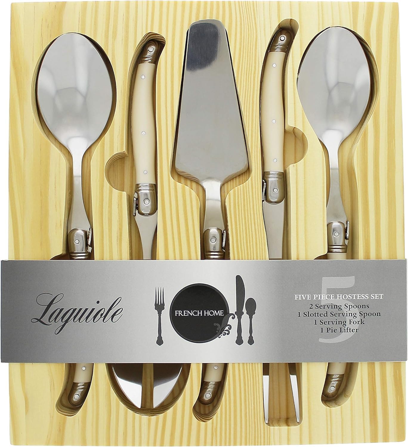 French Home Laguiole Hostess Set – 5-Piece Serving Utensils Set with Slotted Serving Spoon, Spatula, Serving Fork, and 2 Serving Spoons – Elegant and Versatile Laguiole Flatware Set