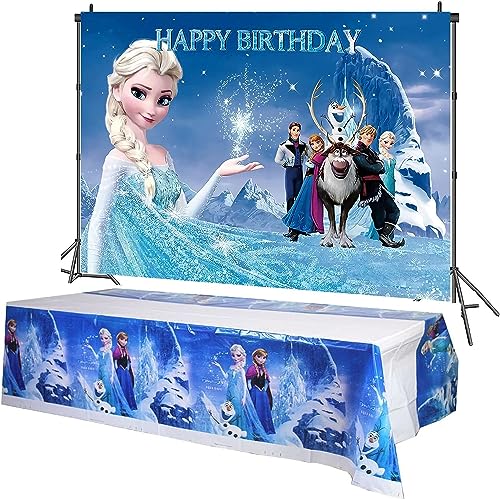 Frozen Elsa Princess Happy Birthday Party Decorations Supplies Girls Birthday Party Wall Backdrop and Tablecloth Photography Background Photo Banner for Kids Birthday Party