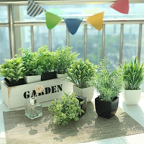 Fake Plants Mini Potted Artificial Plants, set of 8 Pack fake Plastic Eucalyptus Houseplants Greenery in Pot, Small Faux Plants Decor for Bathroom Home Office Farmhouse Desk Shelf(white,black)